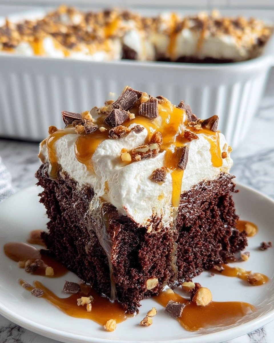 Chocolate Caramel Poke Cake with Cool Whip & Heath Bars